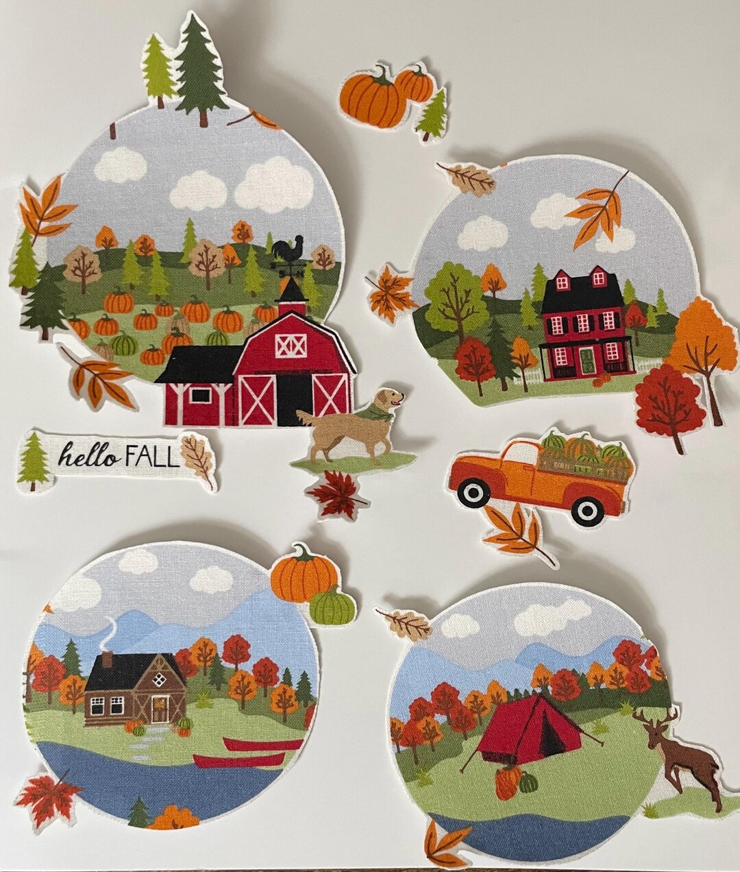 Assorted Fall Scenes, Barns, Cabins, Trees, Leaves Etc - Iron on Fabric ...
