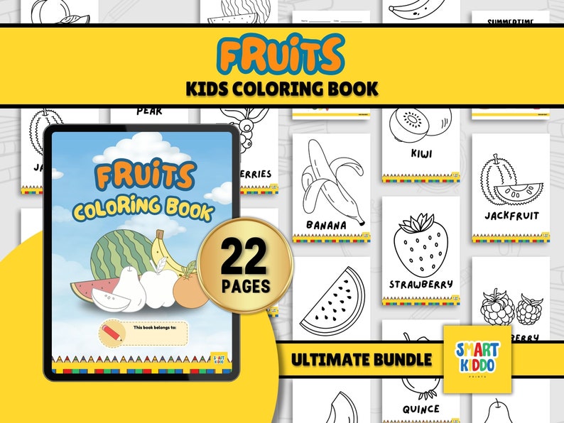 22 Fruits Coloring Book Kids Printable Activity Variety of Fruits ...