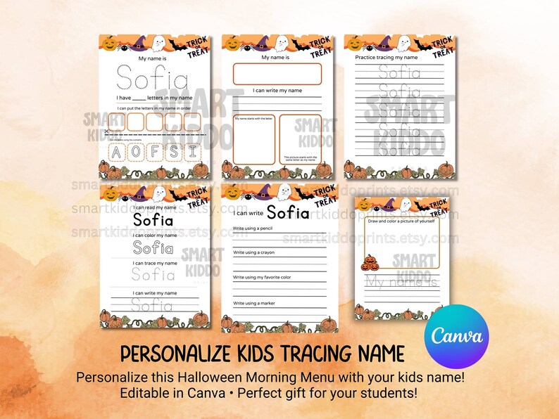 Halloween Kids Morning Menu Bundle Preschool Kindergarten Editable Name ...