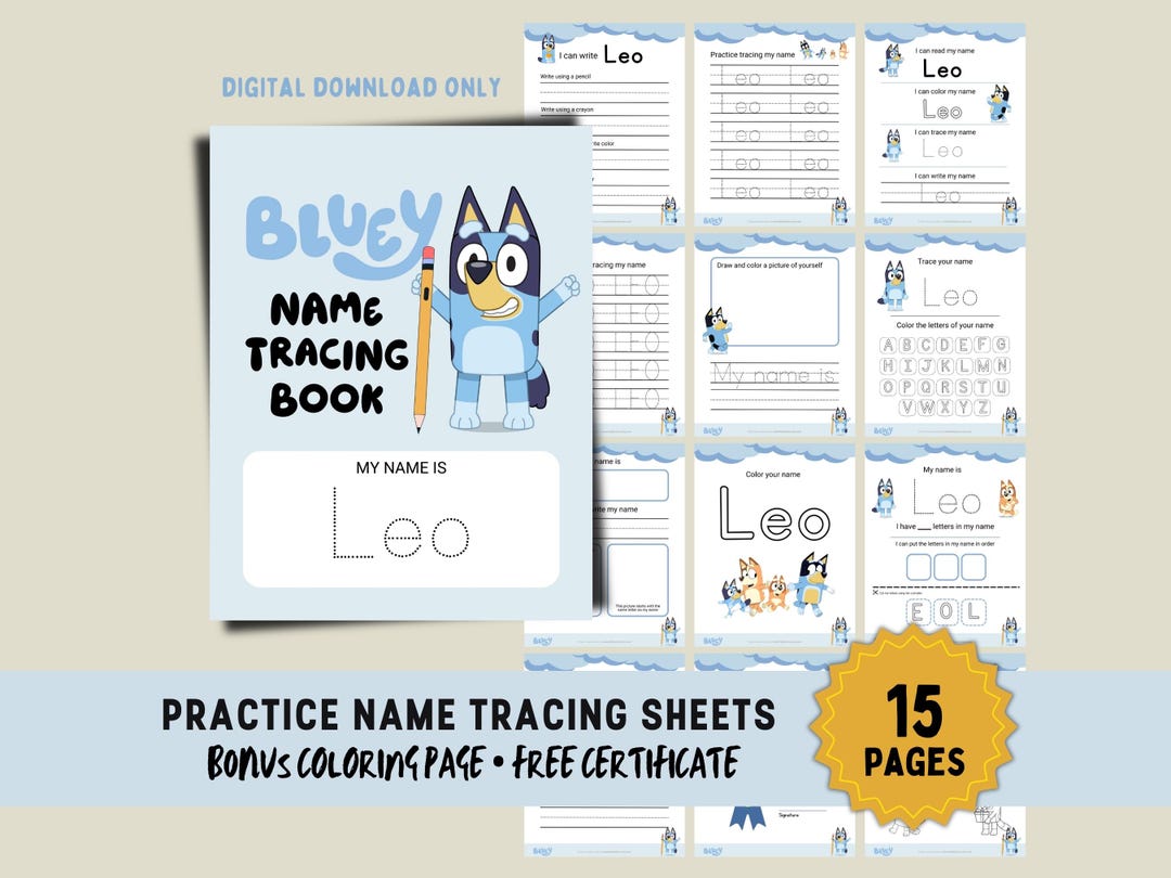 Bluey Name Tracing Practice Activity Sheets Custom Name Handwriting ...