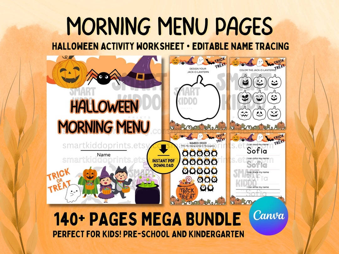 Halloween Kids Morning Menu Bundle Preschool Kindergarten Editable Name ...