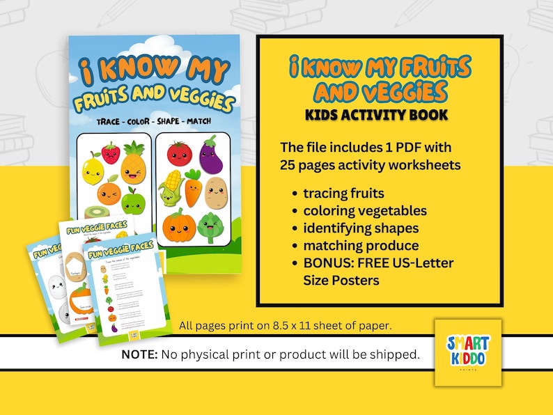 25 Fruits and Veggies Kids Learning Pack | Trace & Color Worksheets ...