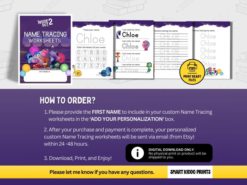 Morning Menu Inside Out 2 Name Tracing Sheets Custom Handwriting ...