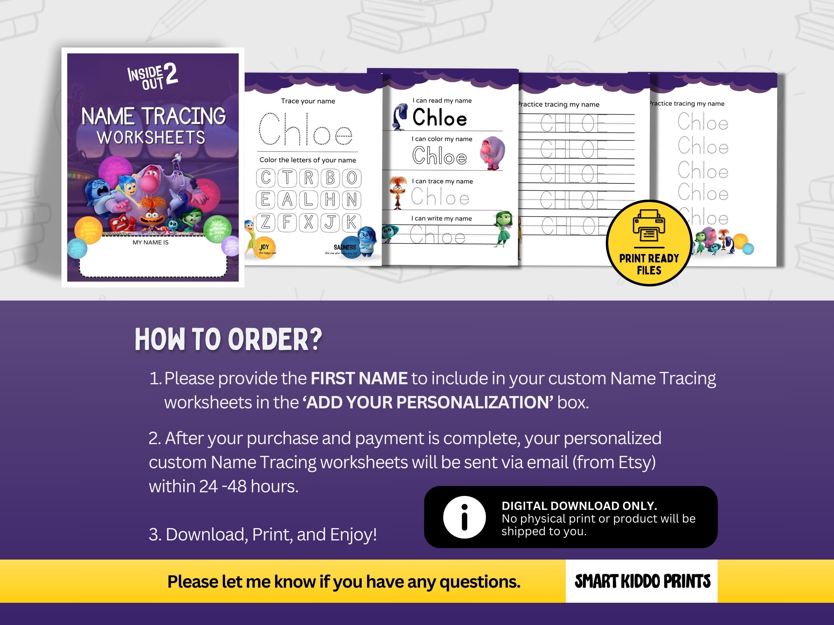Morning Menu Inside Out 2 Name Tracing Sheets Custom Handwriting ...