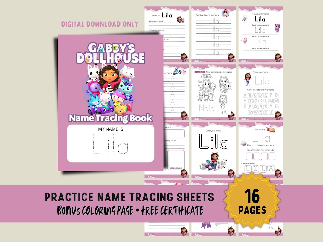 Gabby Dollhouse Name Tracing Practice Activity Sheets Custom Name ...