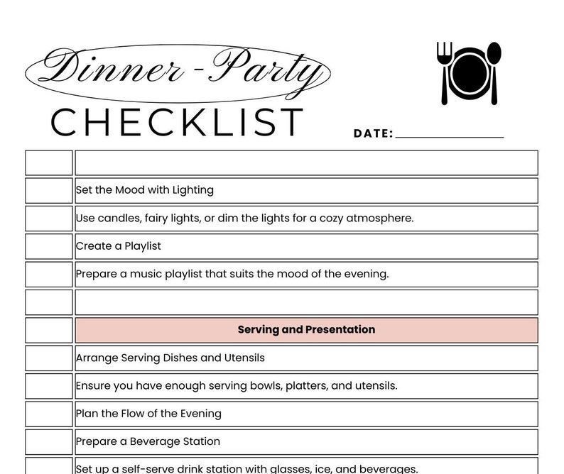 Dinner Party Checklist Printable PDF | Dinner Party Planner | Hostess ...
