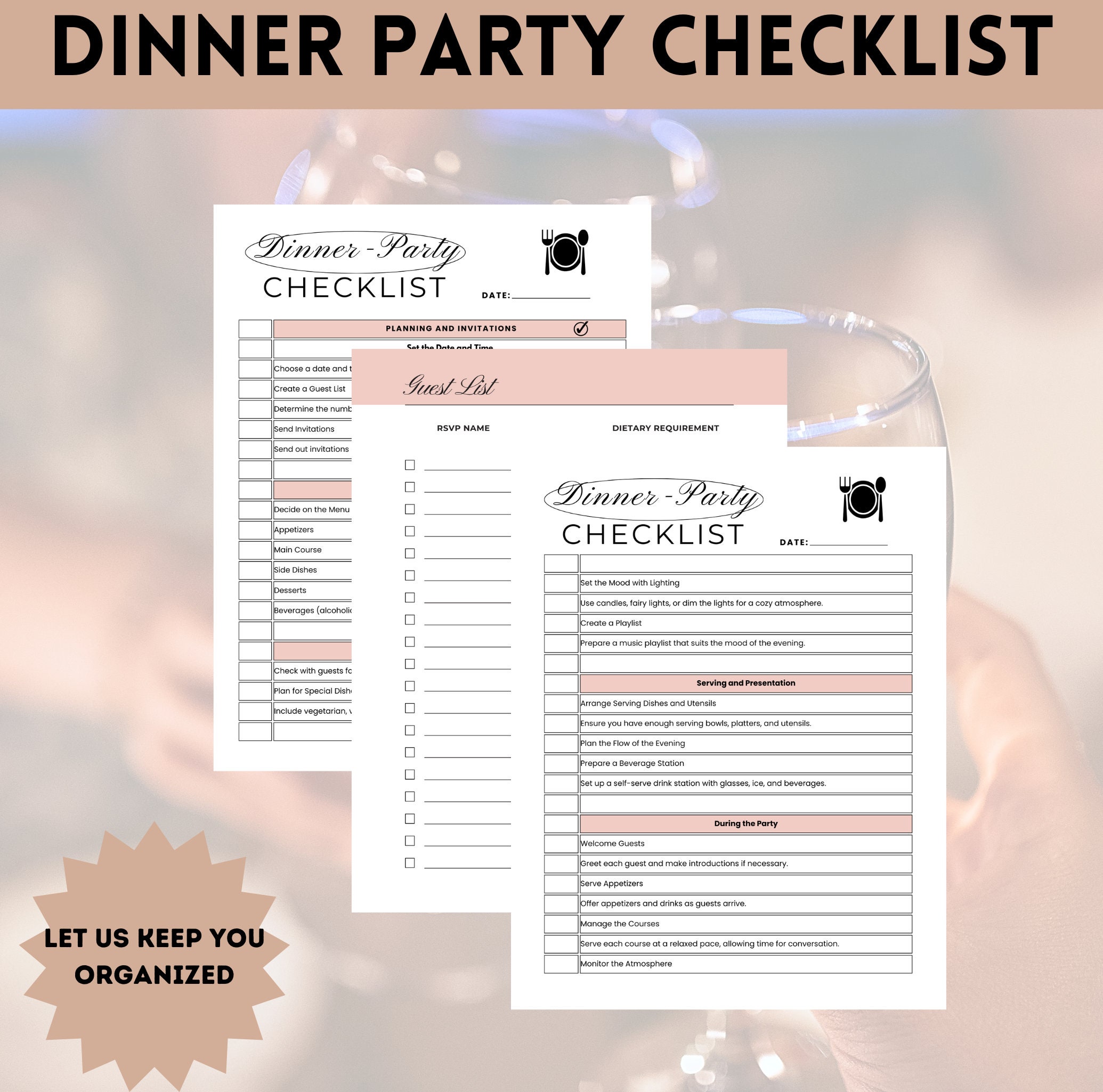 Dinner Party Checklist Printable PDF | Dinner Party Planner | Hostess ...