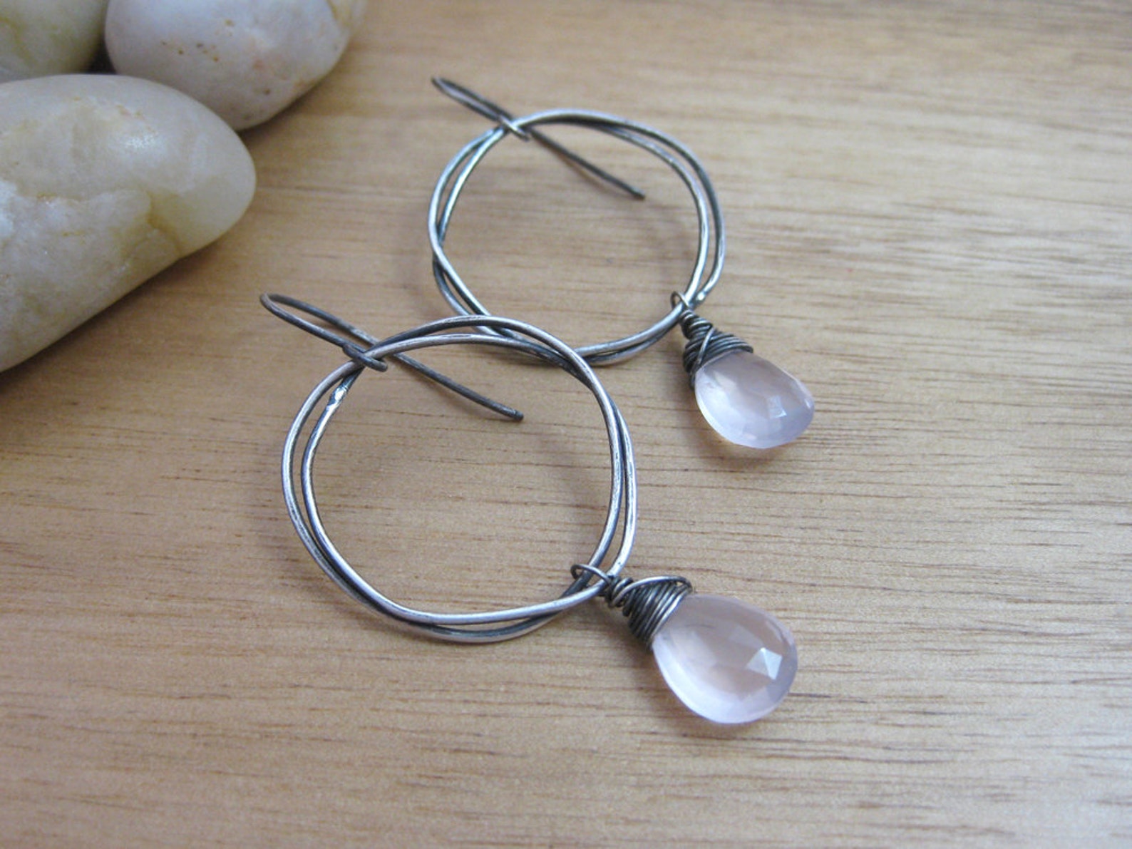 Rose Quartz Oxidized Sterling Silver Organic Circle Earrings - Etsy