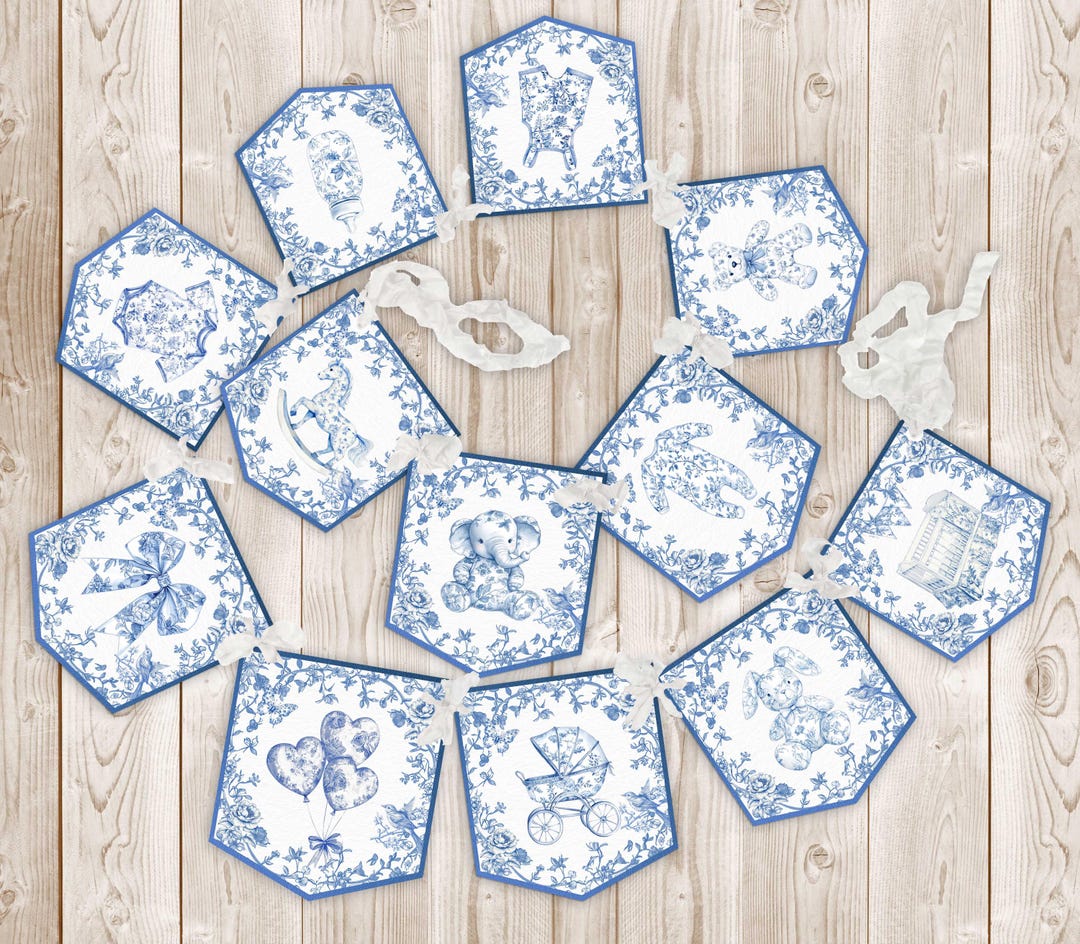 Blue Chinoiserie Toile Floral Baby Shower Banner Garland With Ribbons ...
