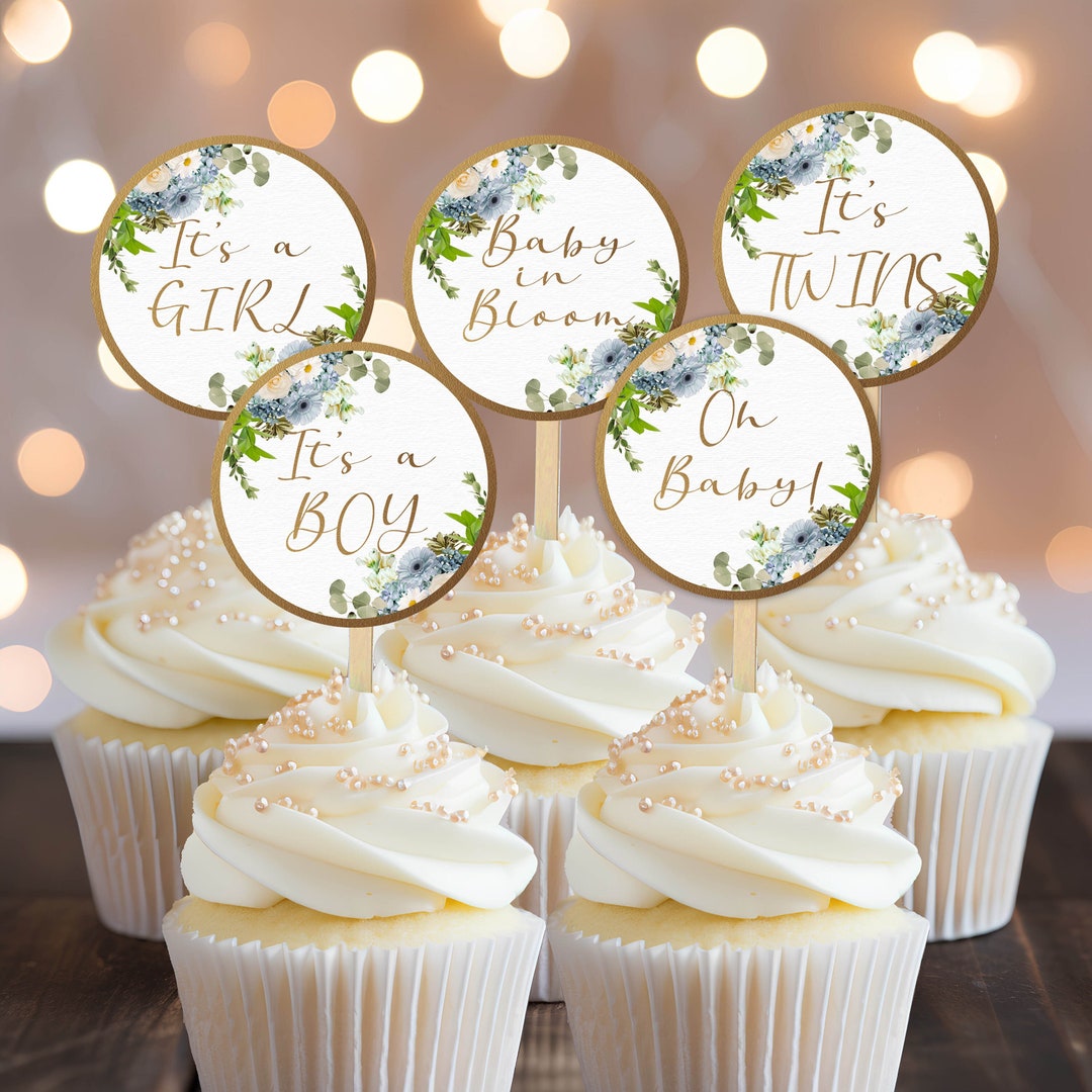 Blue Floral Baby in Bloom Cupcake Toppers, Baby Shower Picks, Oh Baby ...
