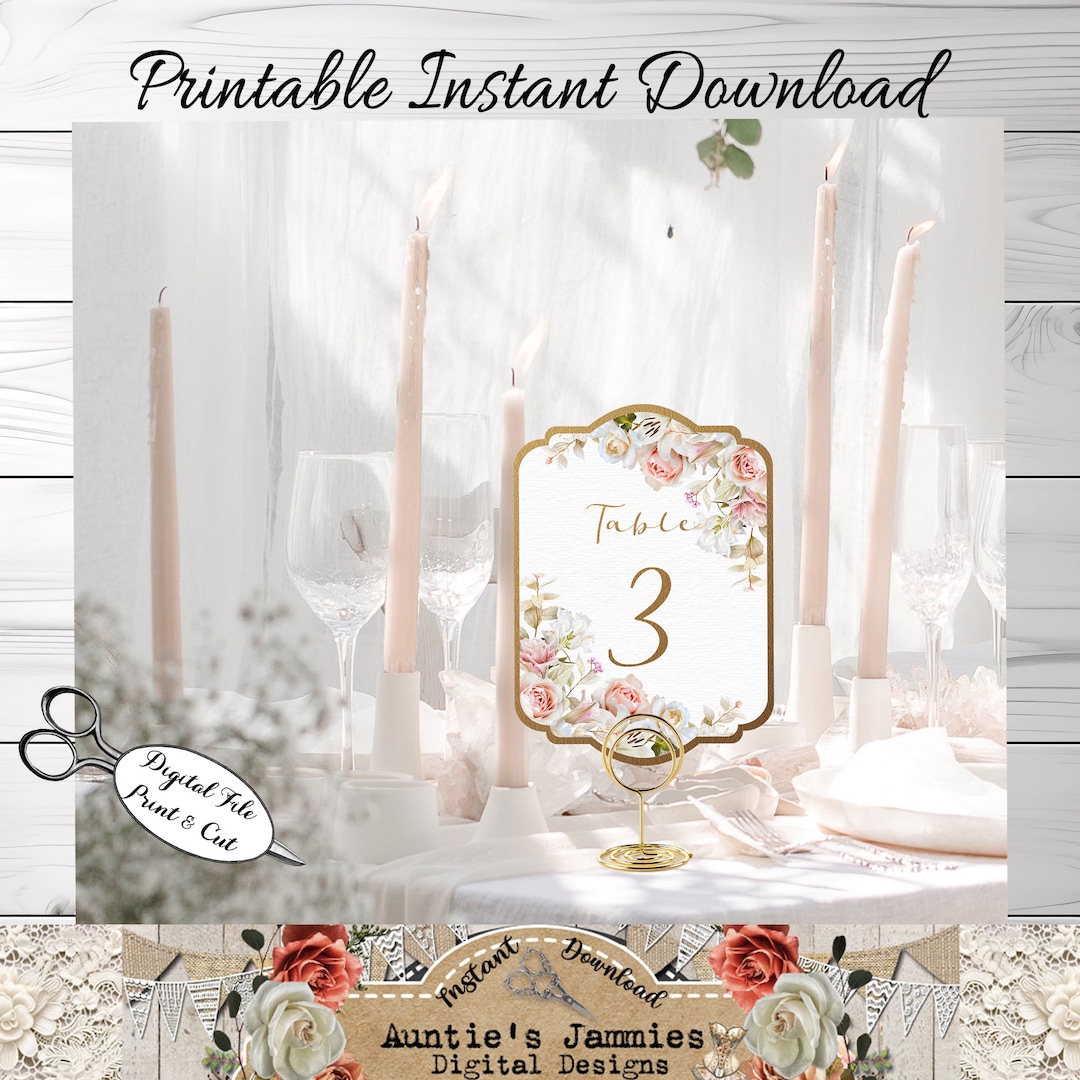 Pink Floral Table Numbers, PRINTABLE 1-10 Realistic Pink White Roses ...