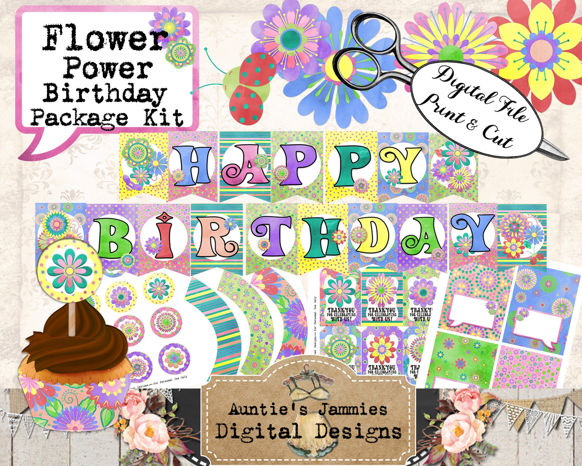 Printable Flower Power Happy Birthday Bundle Package DIY Kit | Etsy