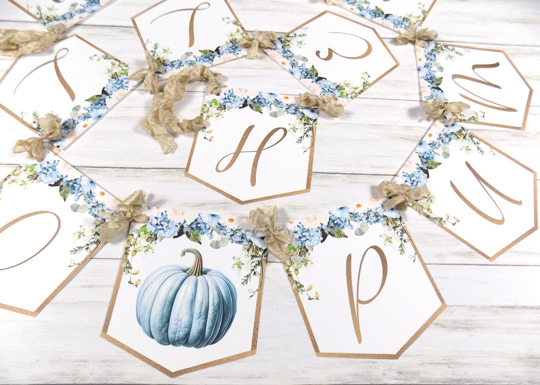 Hello Pumpkin Baby Shower Banner, Realistic Blue Ivory Roses Floral ...