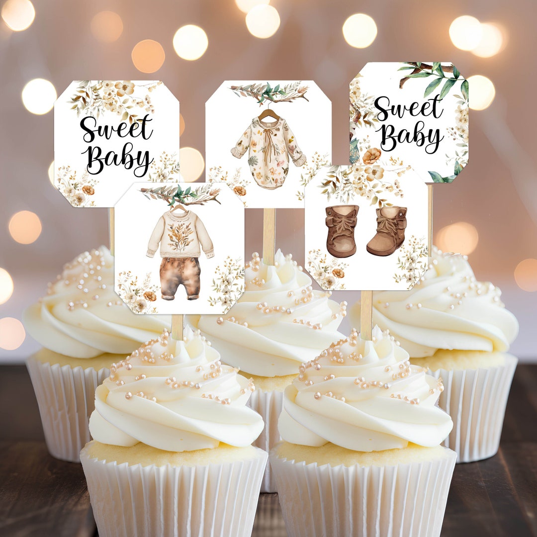 18 Boho Baby Shower Cupcake Toppers Picks, Clothes, Sweet Baby Girl Boy ...