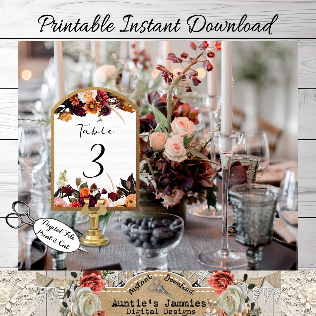 Table Numbers, PRINTABLE 1-10 Floral Realistic Flowers, Fall Autumn ...