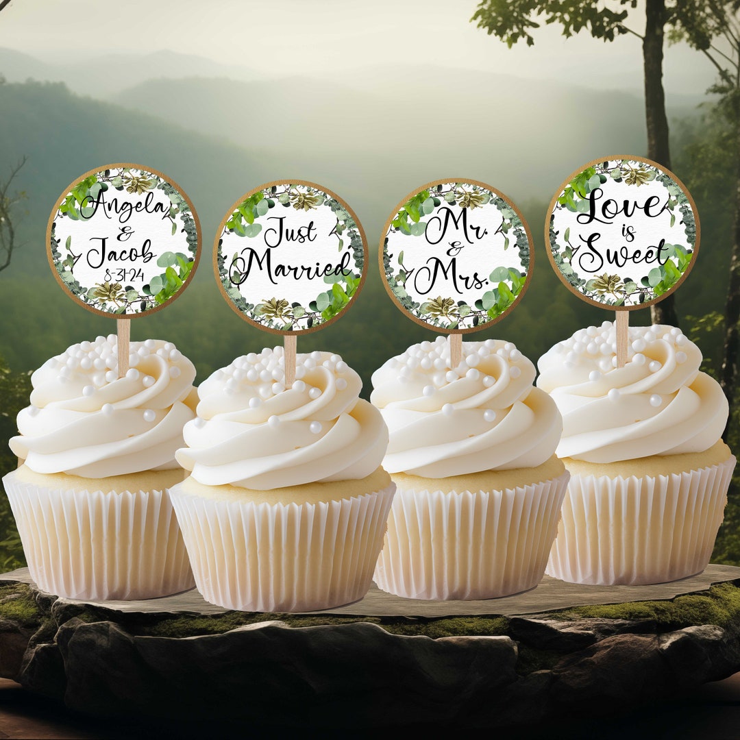 Greenery Leaves Wedding Cupcake Toppers Picks, Eucalyptus Floral, Just ...