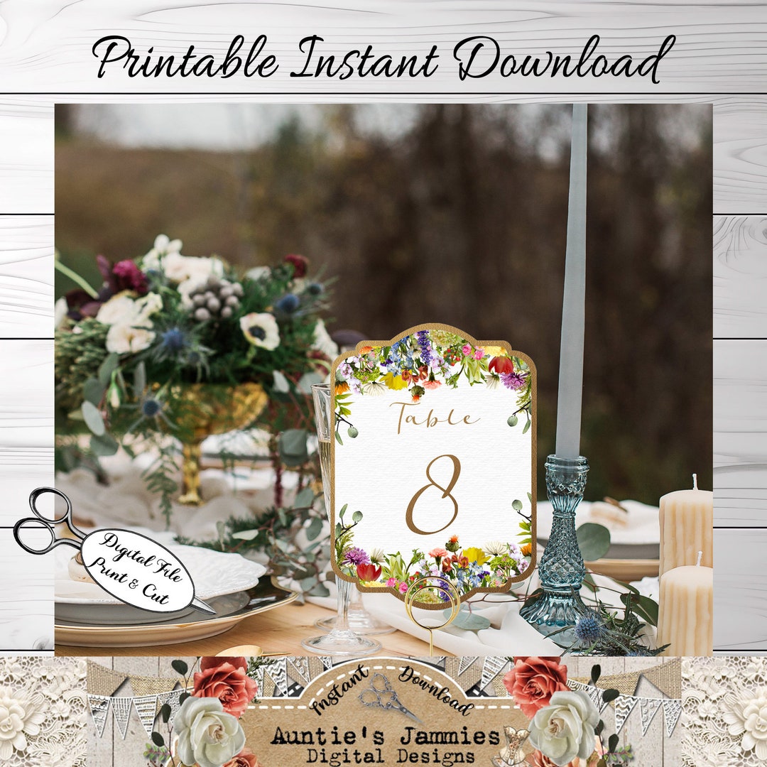 Wildflowers Table Numbers, PRINTABLE 1-10 Realistic Floral, Gold ...