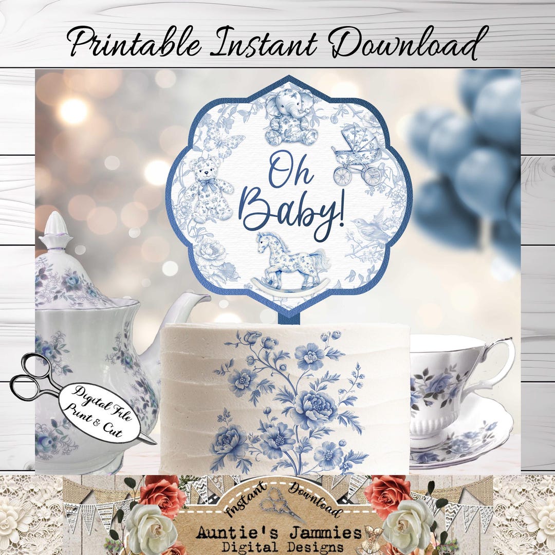 Oh Baby! Blue Chinoiserie Toile Floral Cake Topper, Printable, Baby ...