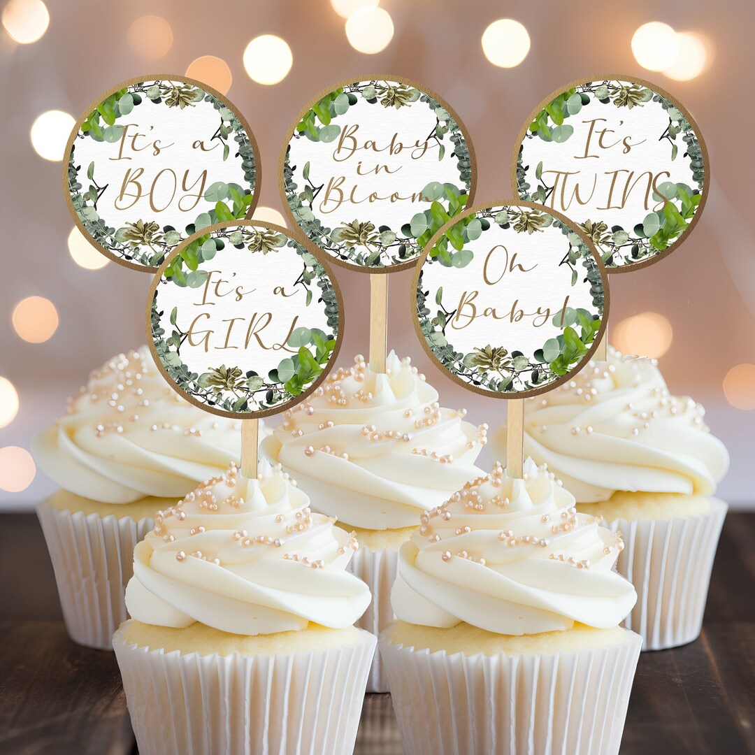 Greenery Leaves Baby in Bloom Cupcake Toppers, Baby Shower Picks, Oh ...