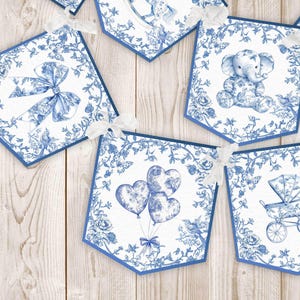 Blue Chinoiserie Toile Floral Baby Shower Banner Garland With Ribbons ...