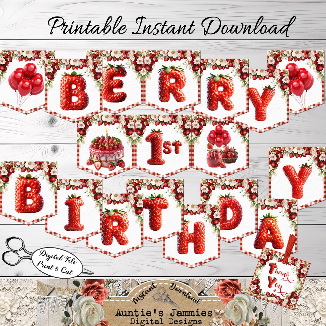 Strawberry Berry 1st Birthday Banner Sign Garland & Thank You Favor ...