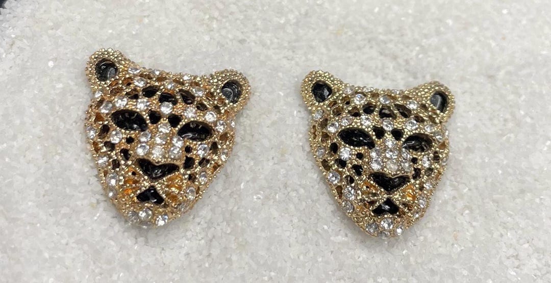 Leopard Face Gold Crystal Gold Tone Leopard Head Earrings - Etsy