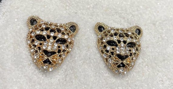 Leopard Face Gold Crystal Gold Tone Leopard Head Earr… - Gem