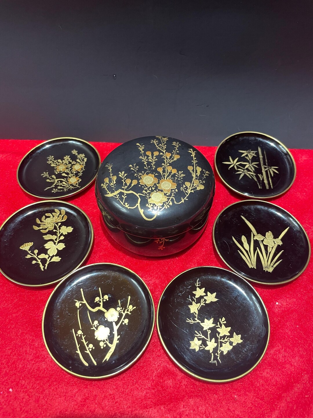 Japanese Black and Gold Lacquer Box With Six Individually Decorated ...