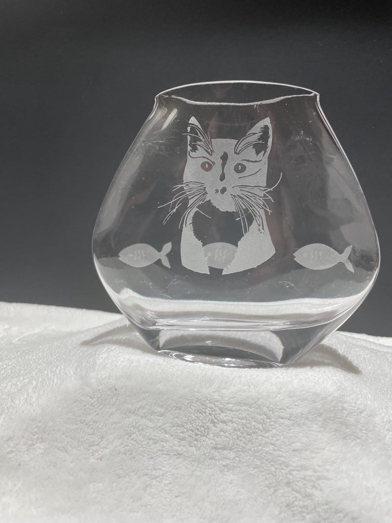 Cat and Fish Etched Glass Vase - Etsy