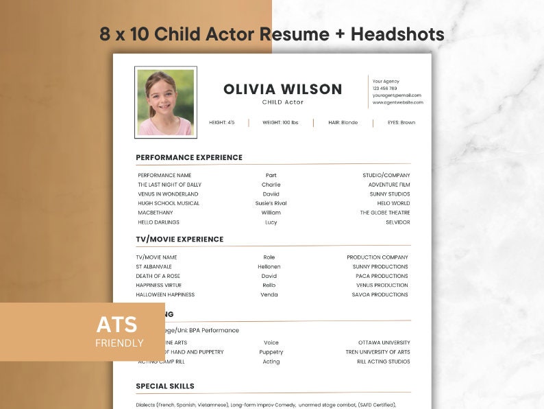 ATS Child Actor Resume Template With Photo for Canva, Child Model Actor ...
