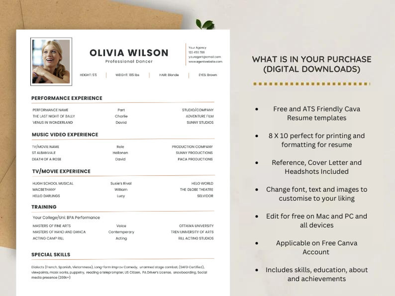 Dance Audition Canva Resume Template Dancer Headshot Cover Letter ...