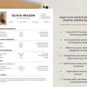 Dance Audition Canva Resume Template Dancer Headshot Cover Letter ...