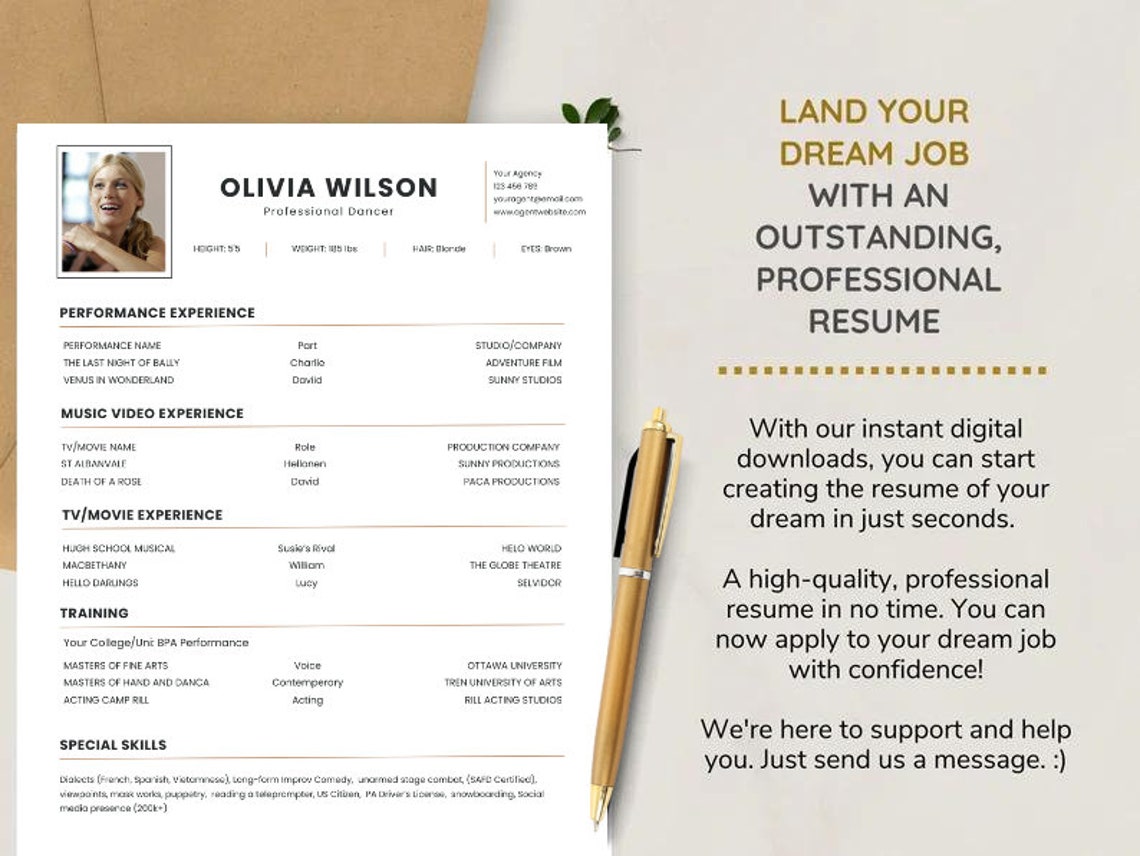 Dance Audition Canva Resume Template Dancer Headshot Cover Letter ...