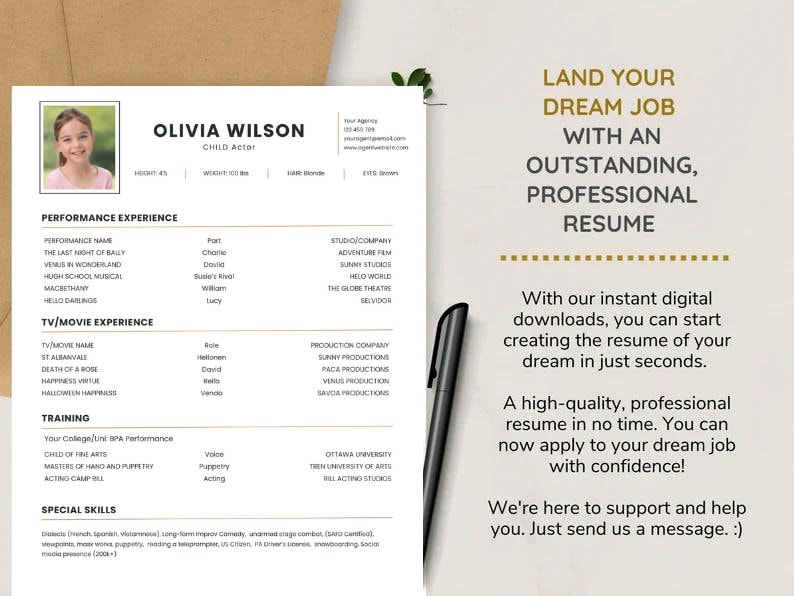 ATS Child Actor Resume Template With Photo for Canva, Child Model Actor ...