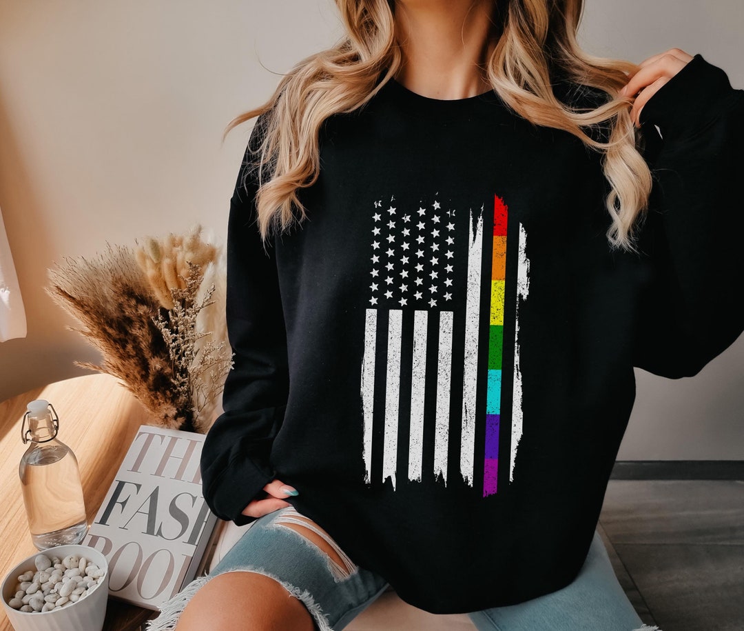LGBTQ American Flag Sweater Gay Pride Month LGBTQ+ Rainbow Sweatshirt ...