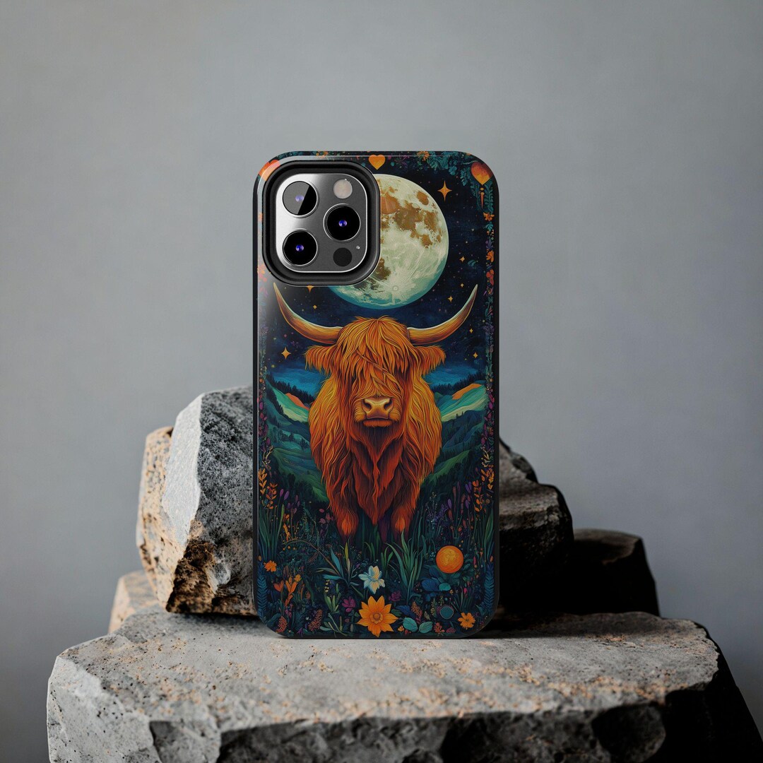 Highland Cow Phone Case Full Moon Celestial Artdeco Wildflower Boho ...