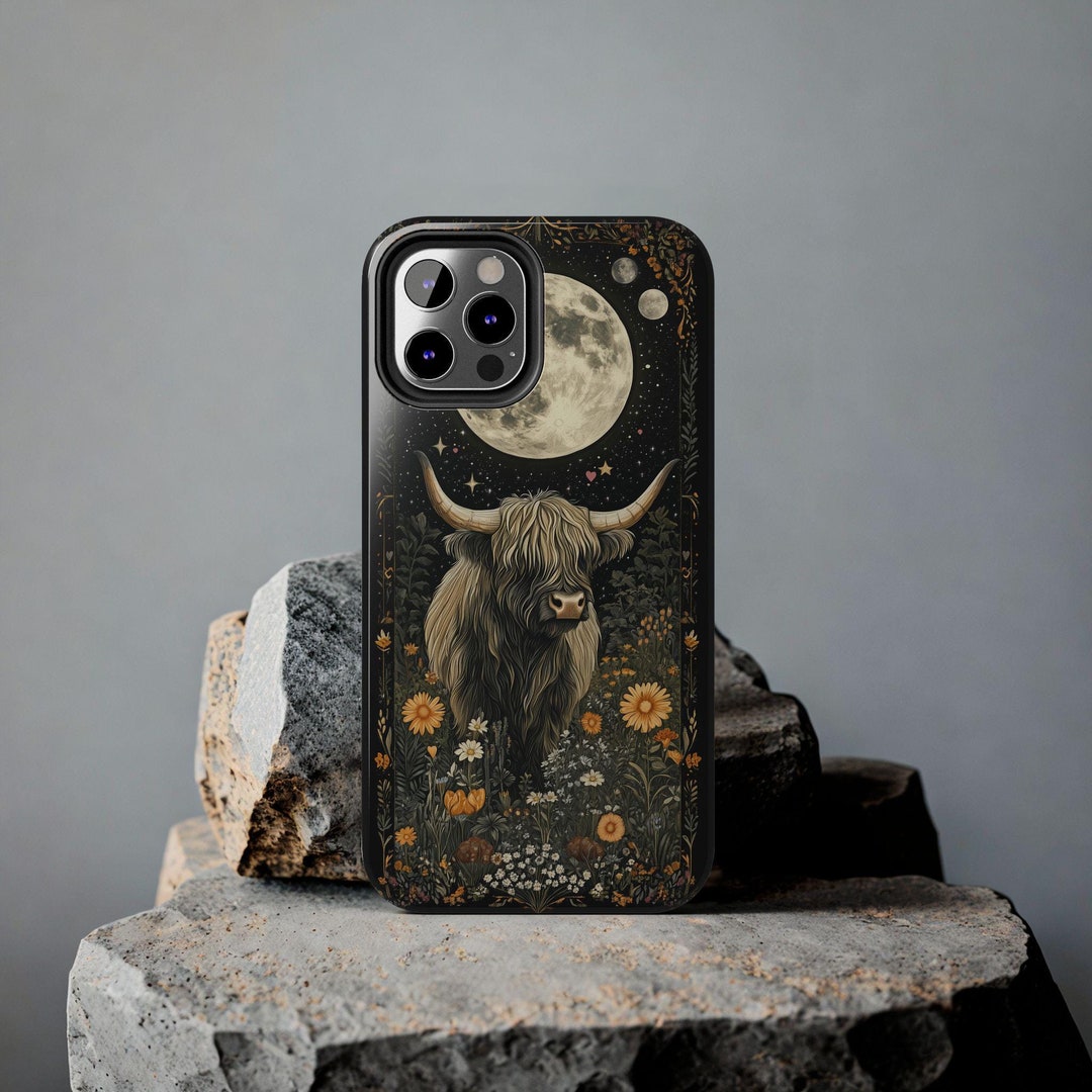 Highland Cow Phone Case Full Moon Celestial Artdeco Wildflower Boho ...