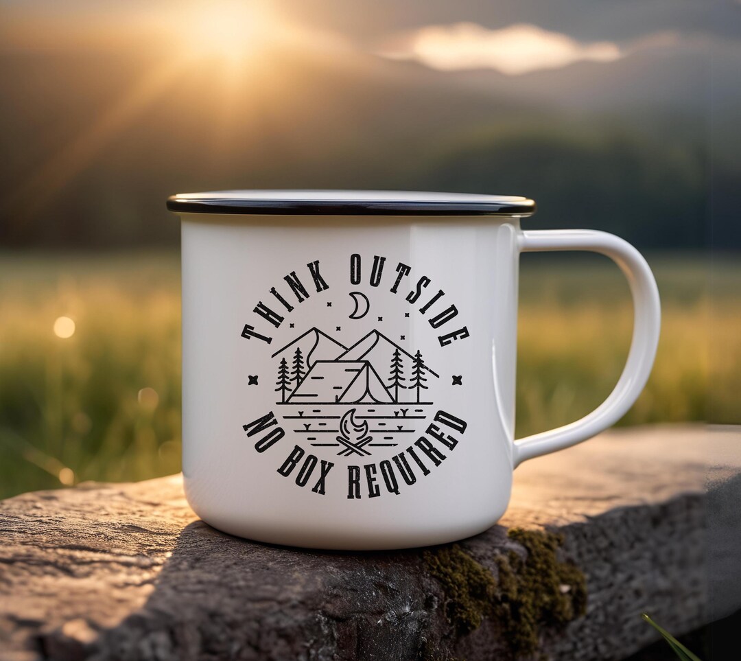 Camping Mug Minimalist Think Outside No Box Required Hiking Cup Outdoor ...