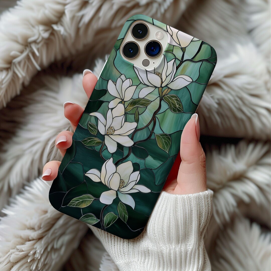 Magnolia Stained Glass Phone Case Sage Green Wildflower Artful Vintage ...