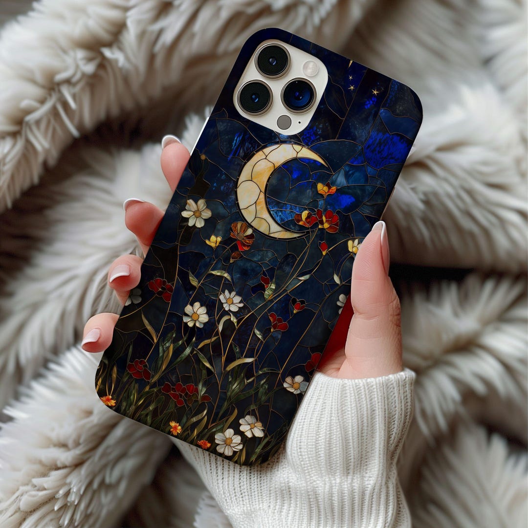 Stained Glass Wildflower Crescent Moon Phone Case Art Deco Flower ...