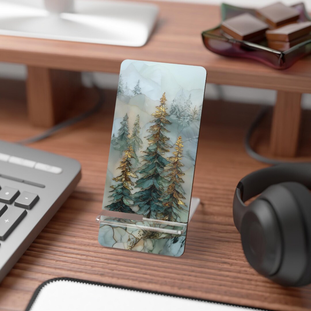 Snowy Pine Tree Forest Phone Stand Stained Glass Style Mobile Display ...