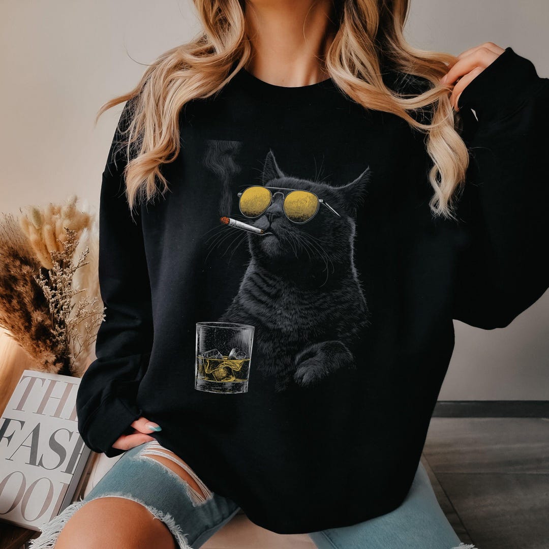 Black Cat Smoking Cigarette Sweatshirt Whisky Lover Sweater Funny Dark ...