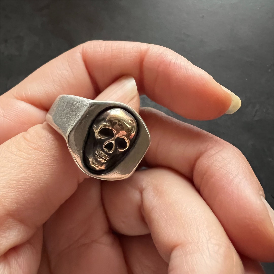 Skull Signet Ring – Chunky Sterling Silver and Brass Ring – Gothic ...