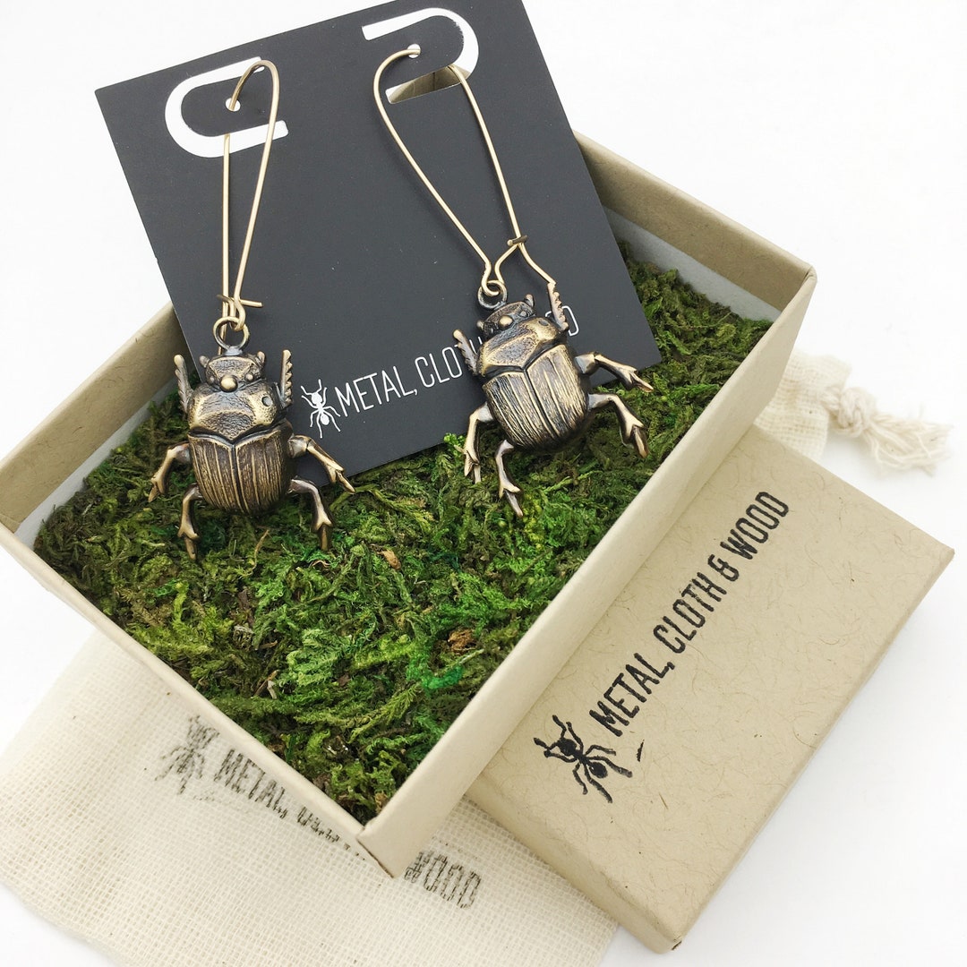 Brass Scarab Beetle Earrings, Gold-filled Wires, Insect Jewelry - Etsy