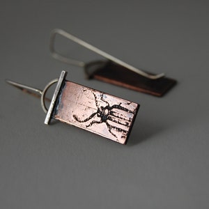 Handmade Antiqued Copper Beetle Earrings, Sterling Silver Hooks, Insect ...