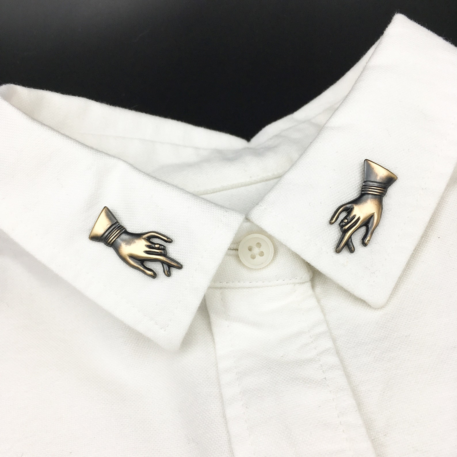 Pair of Victorian Style Handmade Brass Hand Pins -- Perfect for Collar ...