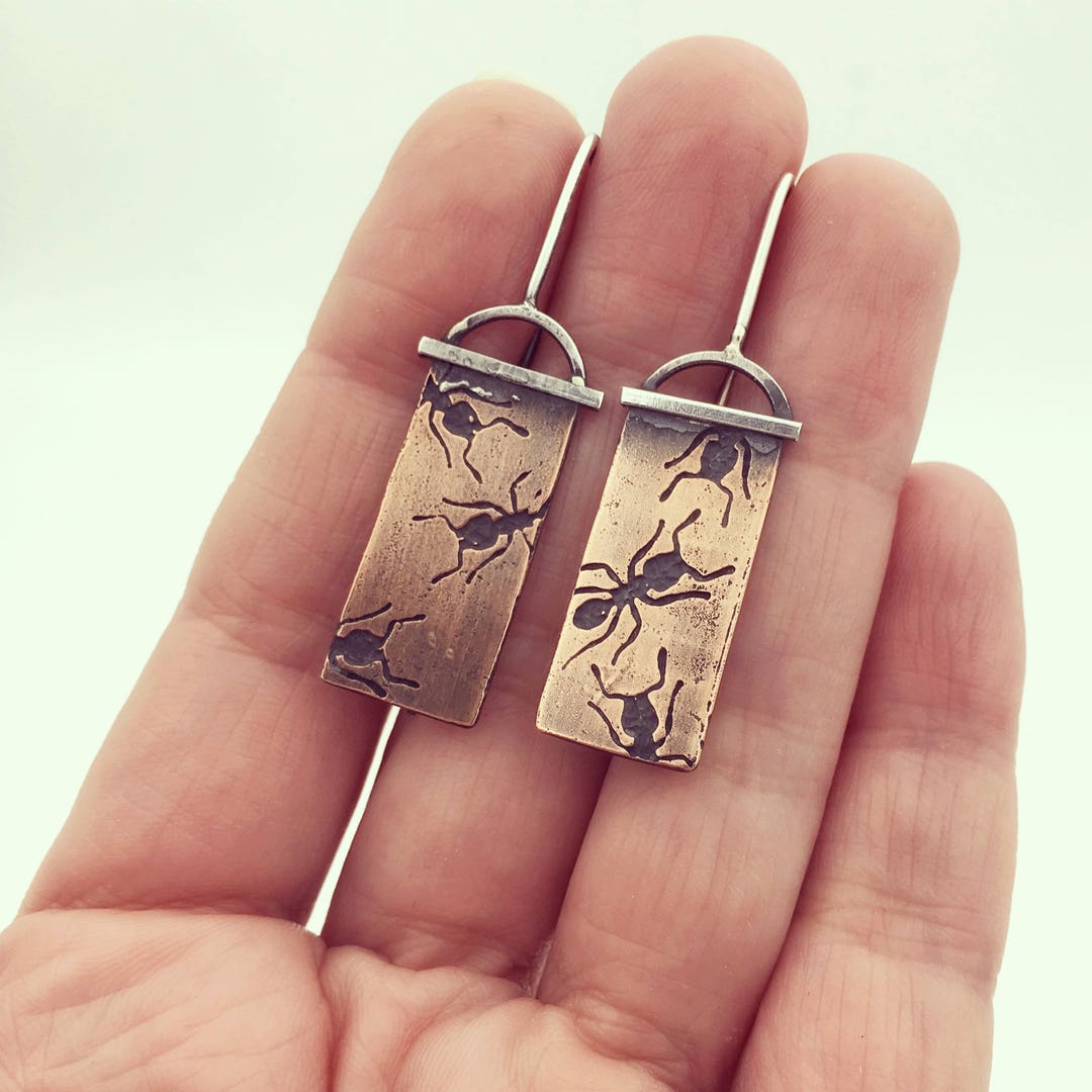 Ant Earrings in Copper & Sterling Silver, Handmade Insect Jewelry, Ant ...