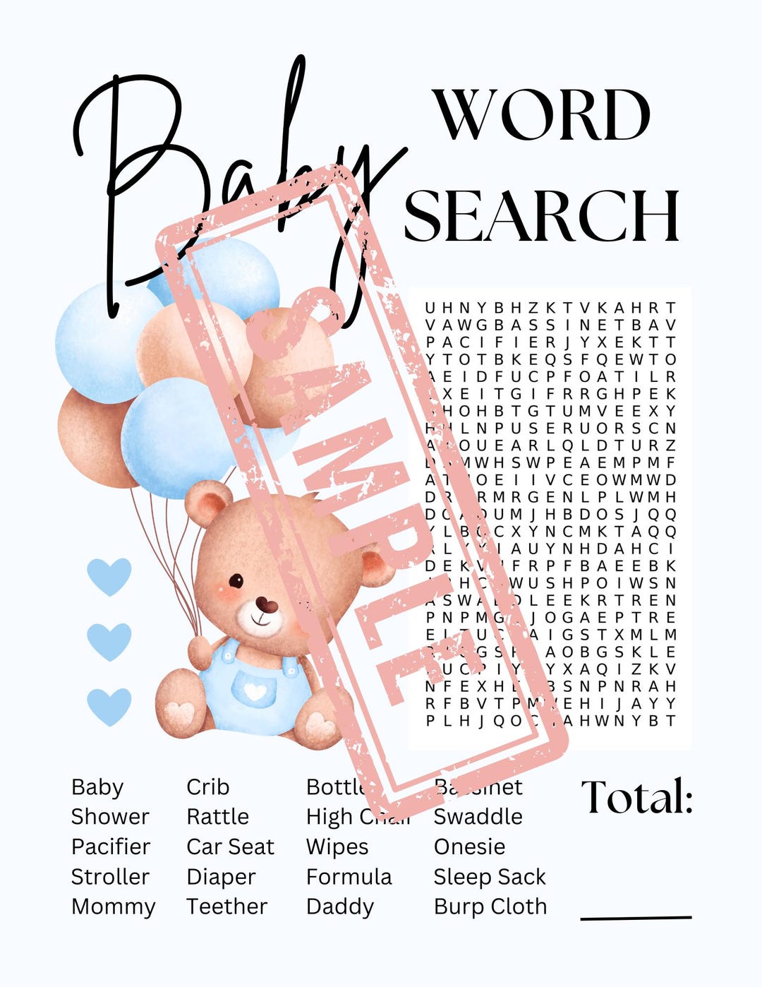 Baby Shower PARTY GAME, "baby Word Search" Game, Blue & Brown Teddy ...