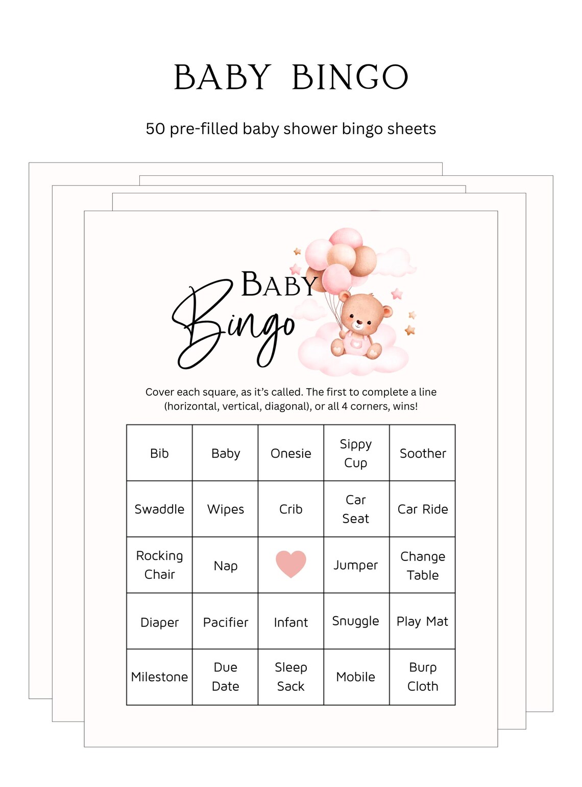 Pink Teddy Bear Baby Shower Bingo - 50 Printable Cards (digital ...