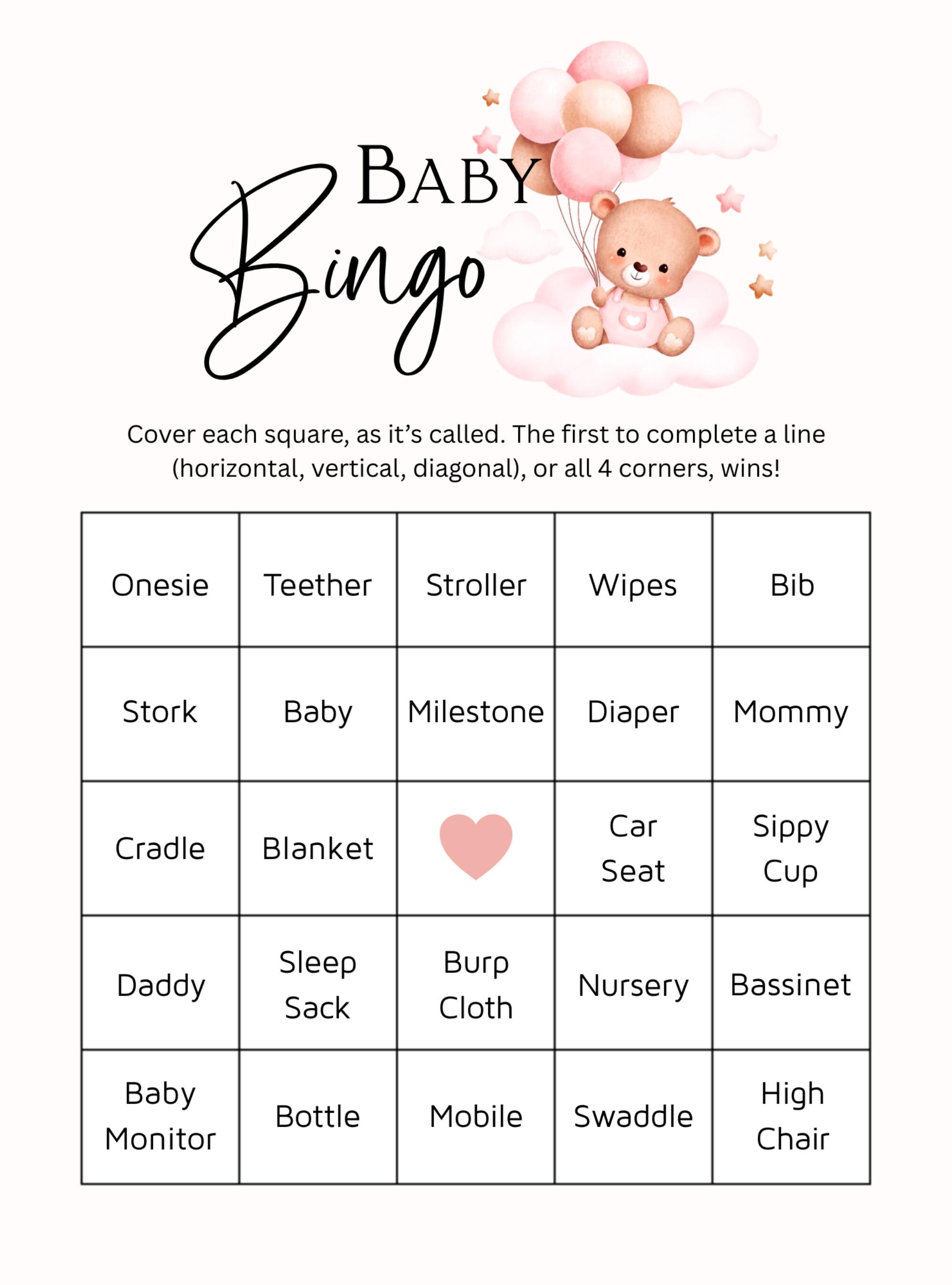 Pink Teddy Bear Baby Shower Bingo - 50 Printable Cards (digital ...